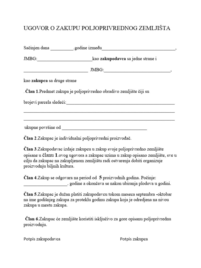 Ugovor o Zakupu Poljoprivrednog Zemljišta | PDF