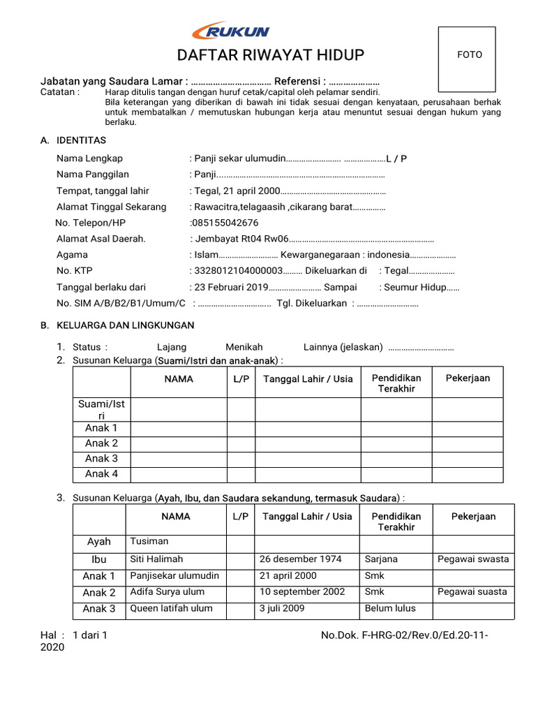 F-hrg-02 Formulir Data Pelamar | PDF