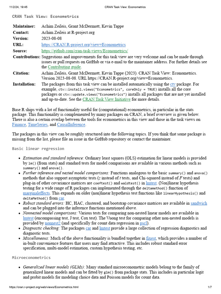 CRAN Task View - Econometrics | PDF | Regression Analysis | Time Series