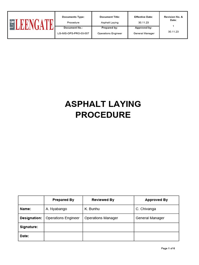 Lg-Ims-Ops-Pro-03-007 Asphalt Laying Procedure | PDF