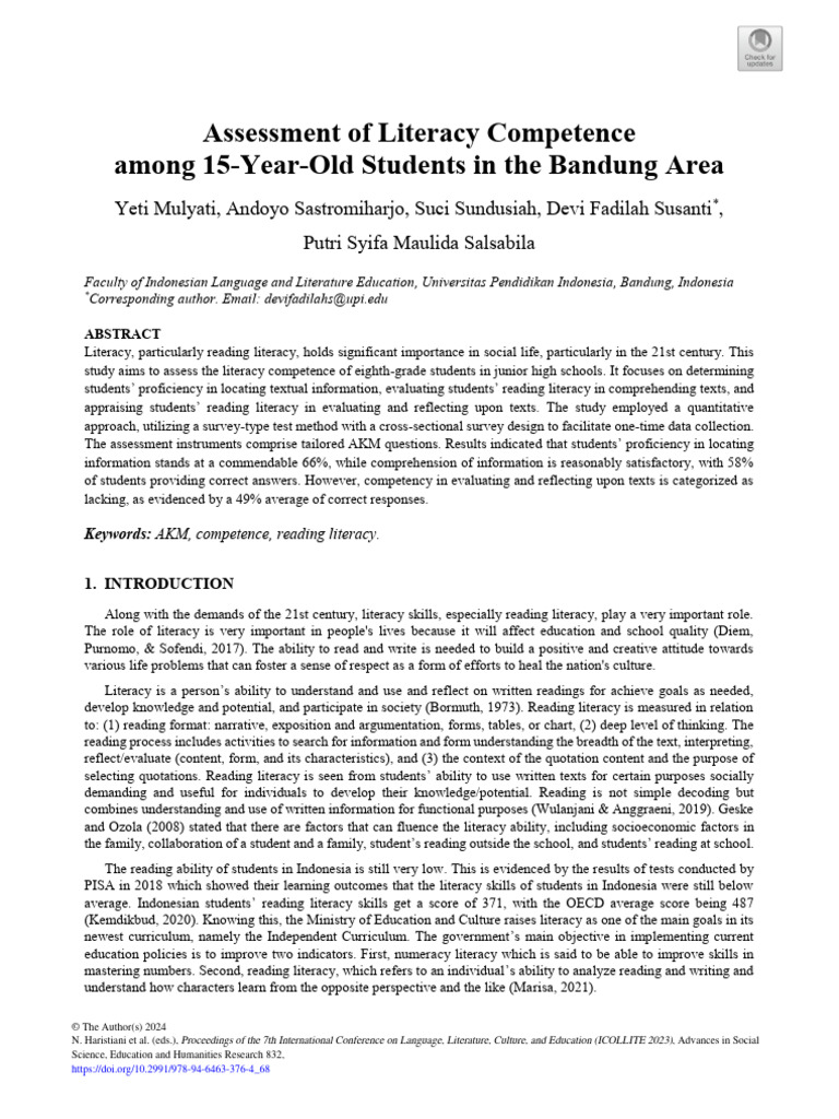 Assessment of Literacy Competence Among 15-Year-Old Students in The ...