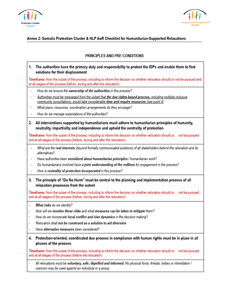 Annex 2 - Somalia Protection Cluster & HLP AoR Checklist On Humanitarian-Supported Relocations | PDF