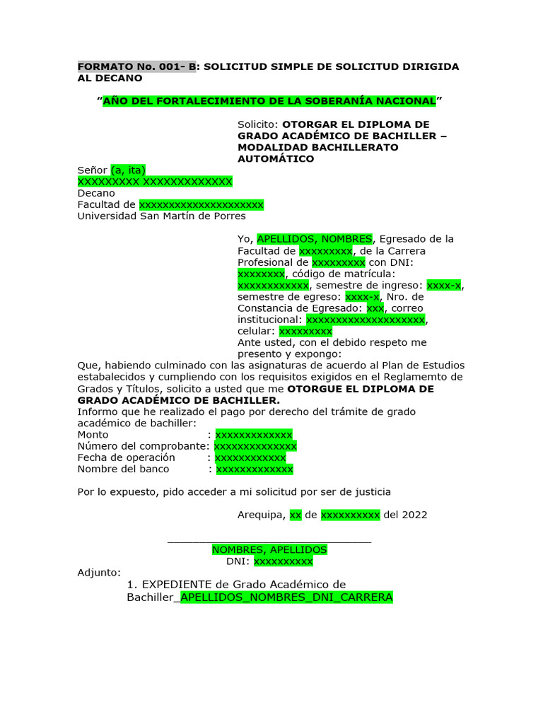 FORMATO No. 001 B - SOLICITUD SIMPLE DE SOLICITUD DIRIGIDA AL DECANO | PDF