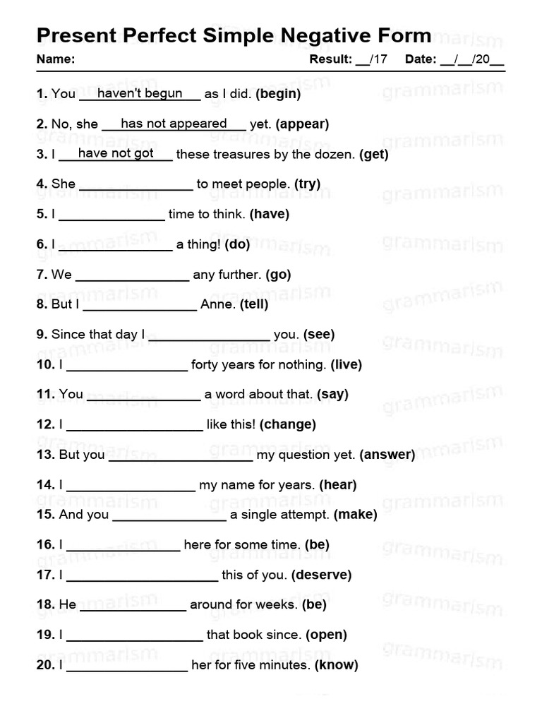Grammarism Present Perfect Negative Test 1 1276387 | PDF