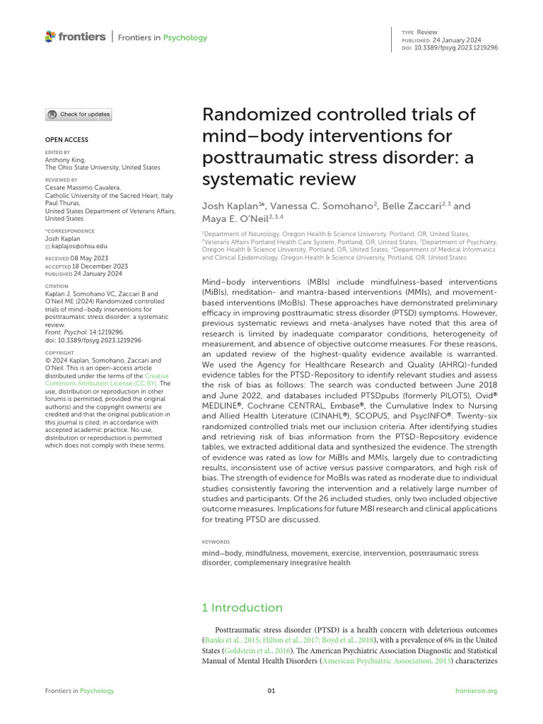 Randomized Controlled Trials of Mind-Body Interventions For Posttraumatic Stress Disorder: A ...