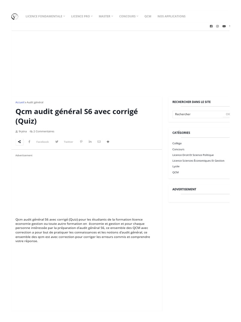 QCM Audit Général S6 avec Corrigé | PDF | Audit | Audit financier