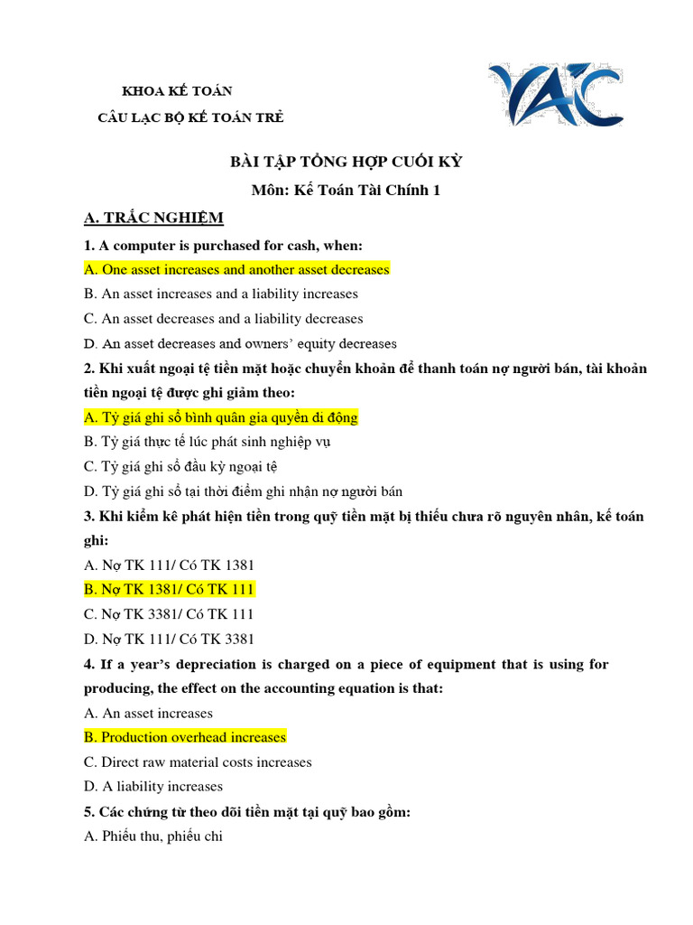 BÀI TẬP TRẮC NGHIỆM CUỐI KỲ MÔN KTTC1 | PDF