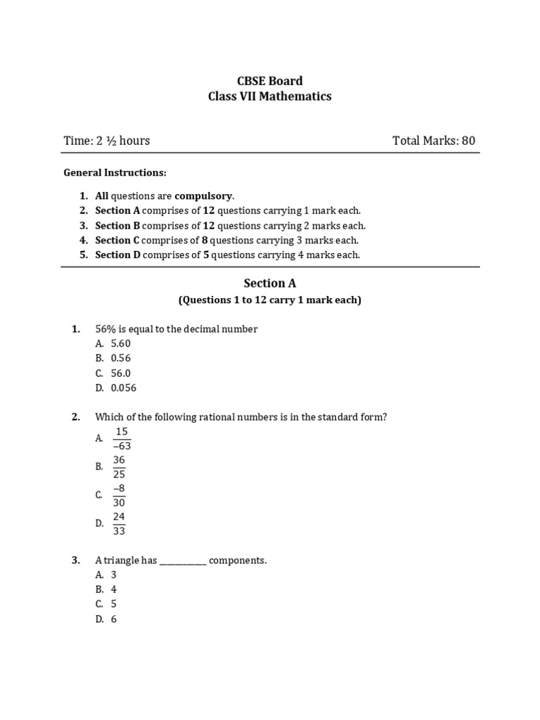 Class7 Mathematics Mathematics - 2019 - Set - 6 | PDF