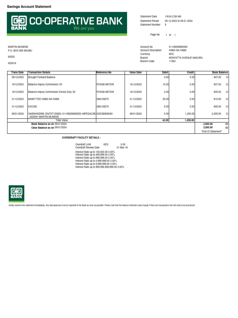 Savings Account Statement: Value Date Reference No Transaction Details Trans Date Book Balance ...