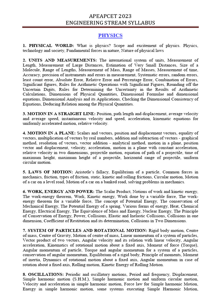 AP Eapcet Eamcet Syllabus For MPC Physics | PDF