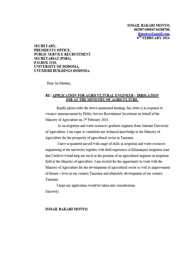 Ismail Irrigation Application Letter Pdf