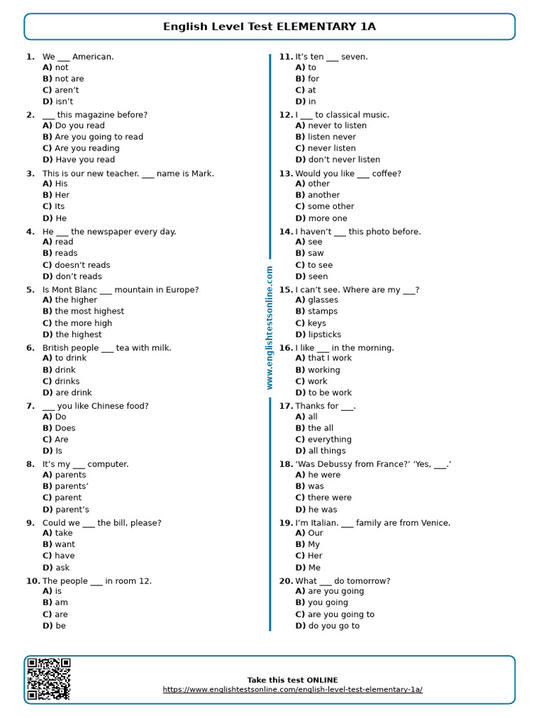 1 - English Level Test Elementary 1a | PDF