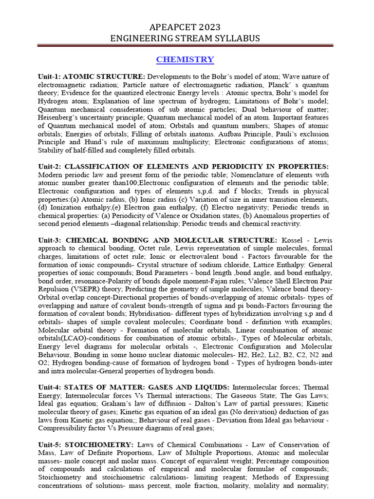 AP EAPCET EAMCET Syllabus For MPC Chemistry | PDF | Chemical Bond | Chemical Reactions