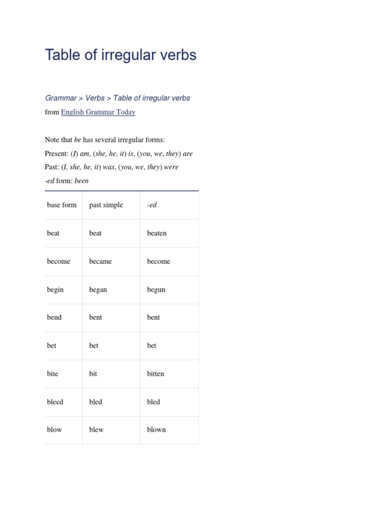 Table of Irregular Verbs | PDF