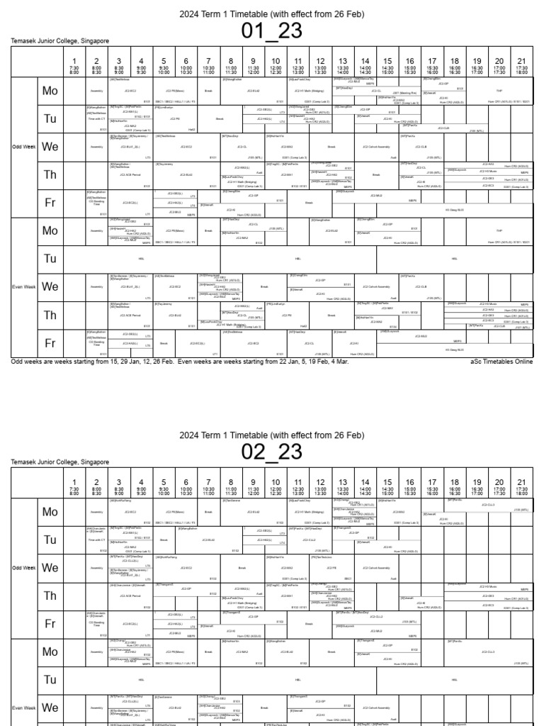 2024 Updated Term 1 JC2 Classes Timetable - Wef 26 Feb | PDF