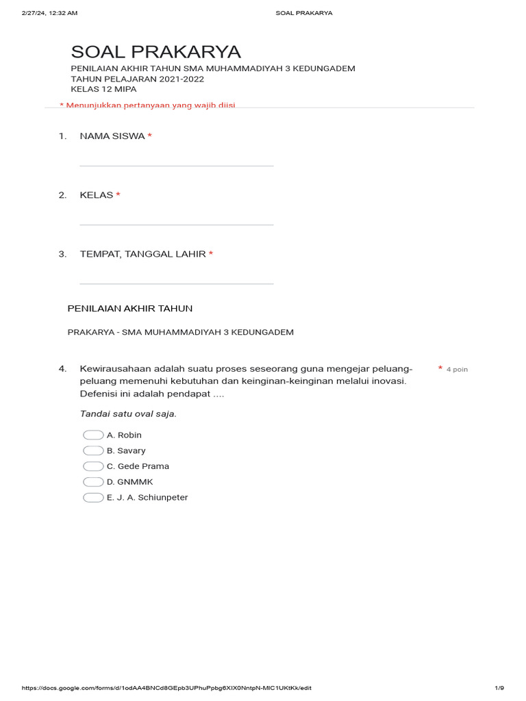 KLS 12 SOAL PRAKARYA - Google Formulir | PDF