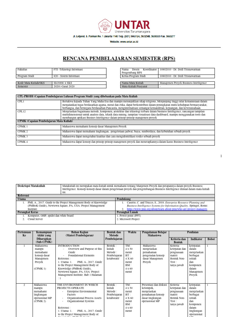 RPS Manajemen Proyek Business Intelligence - SI43008 - (Pak Dedi) | PDF