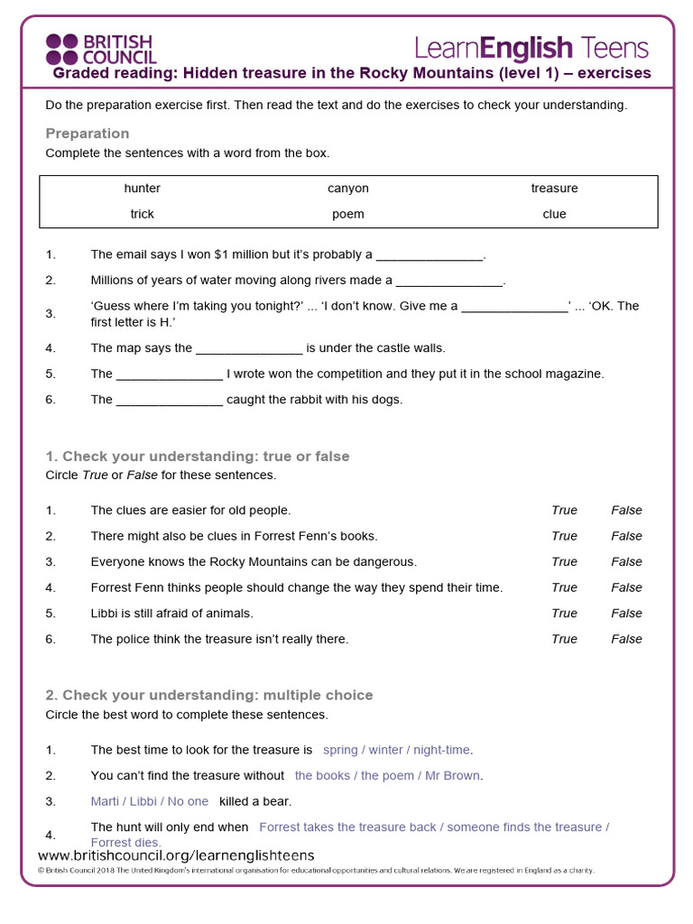 Hidden Treasure in The Rocky Mountains Level 1 - Exercises | PDF ...