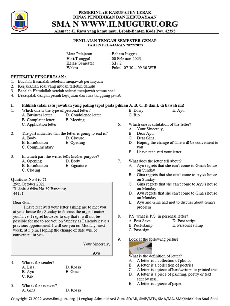 PTS II Bhs Inggris XI | PDF