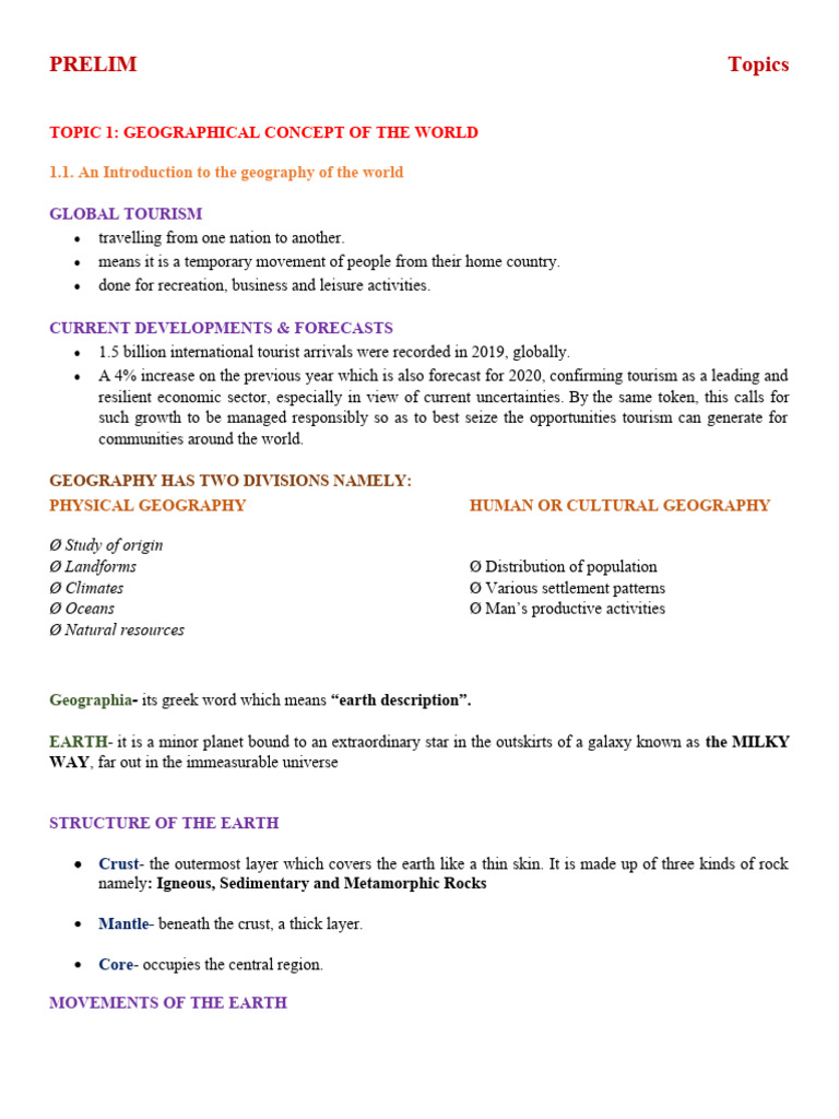 PRELIM Topics GEOGRAPHY | PDF | Social Science | Travel