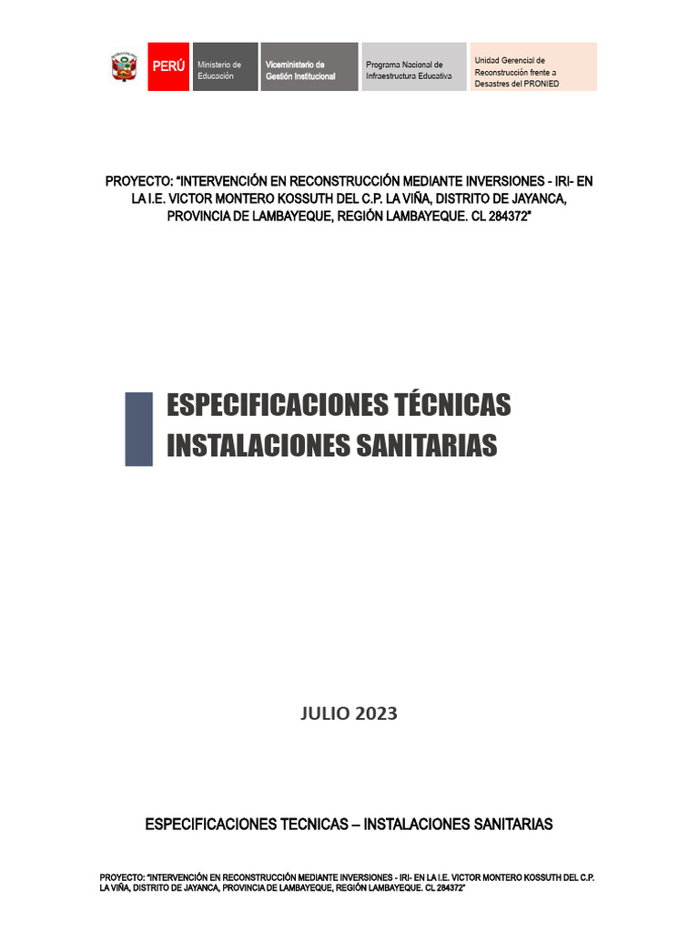 Especificaciones Técnicas Instalaciones Sanitarias | PDF | Baño | Infraestructura