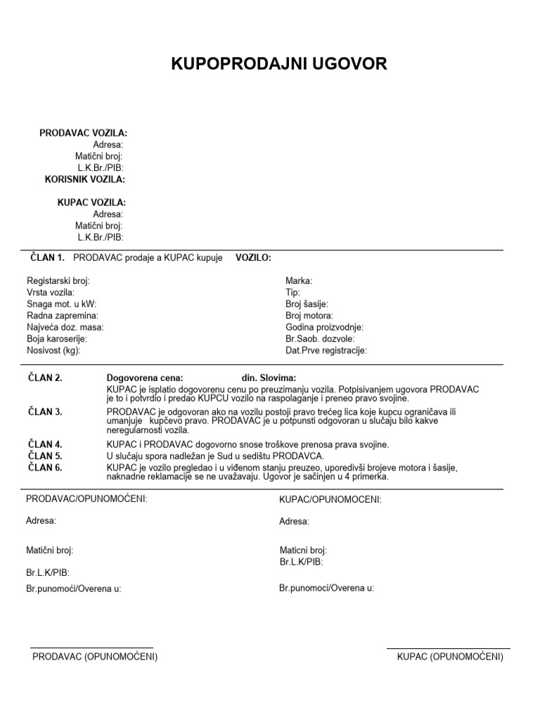 Kupoprodajni Ugovor Za Vozila | PDF