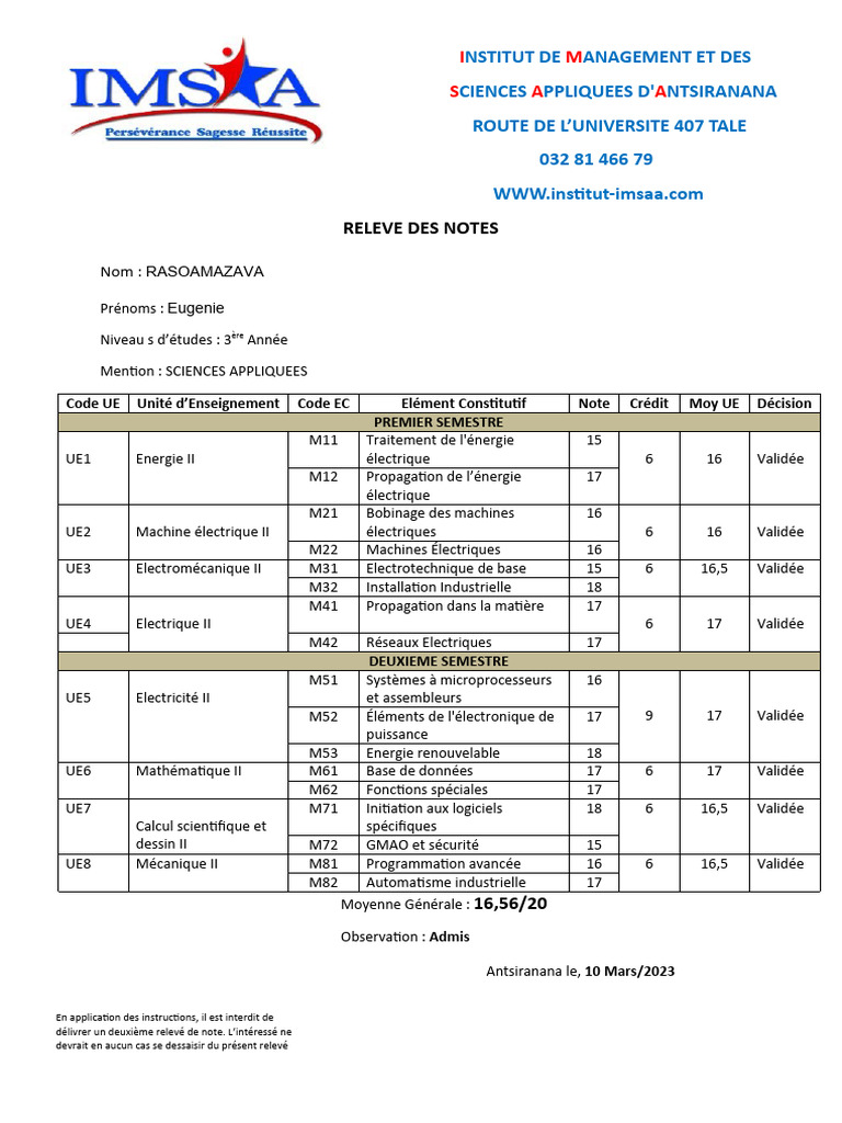 Releve Des Notes Eugenie | PDF