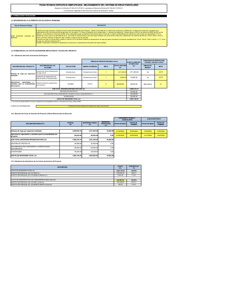 Costos Ficha Simplificada de Sistema de Riego Tecnificado | PDF | Riego | Infraestructura