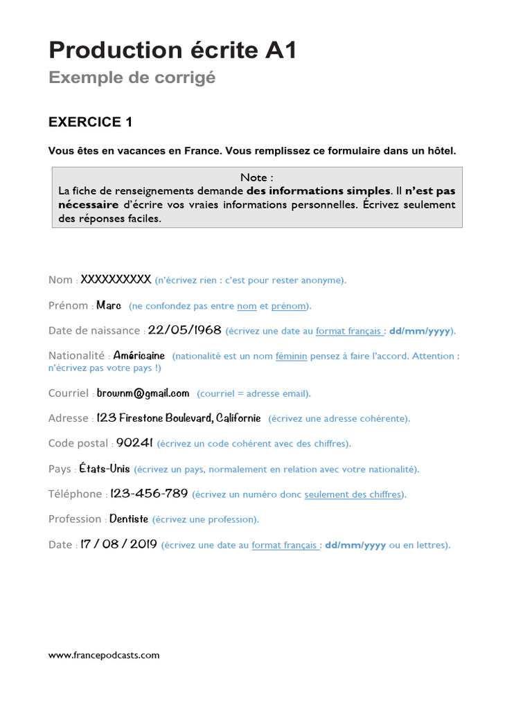 DELF A1 PE Exemple de Corrigé Formulaire | PDF