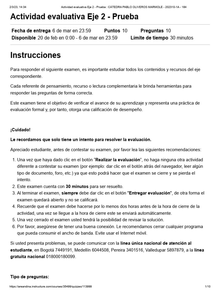 Actividad Evaluativa Eje 2 - Prueba - CÁTEDRA PABLO OLIVEROS MARMOLE - 202310-1A - 184 | PDF ...
