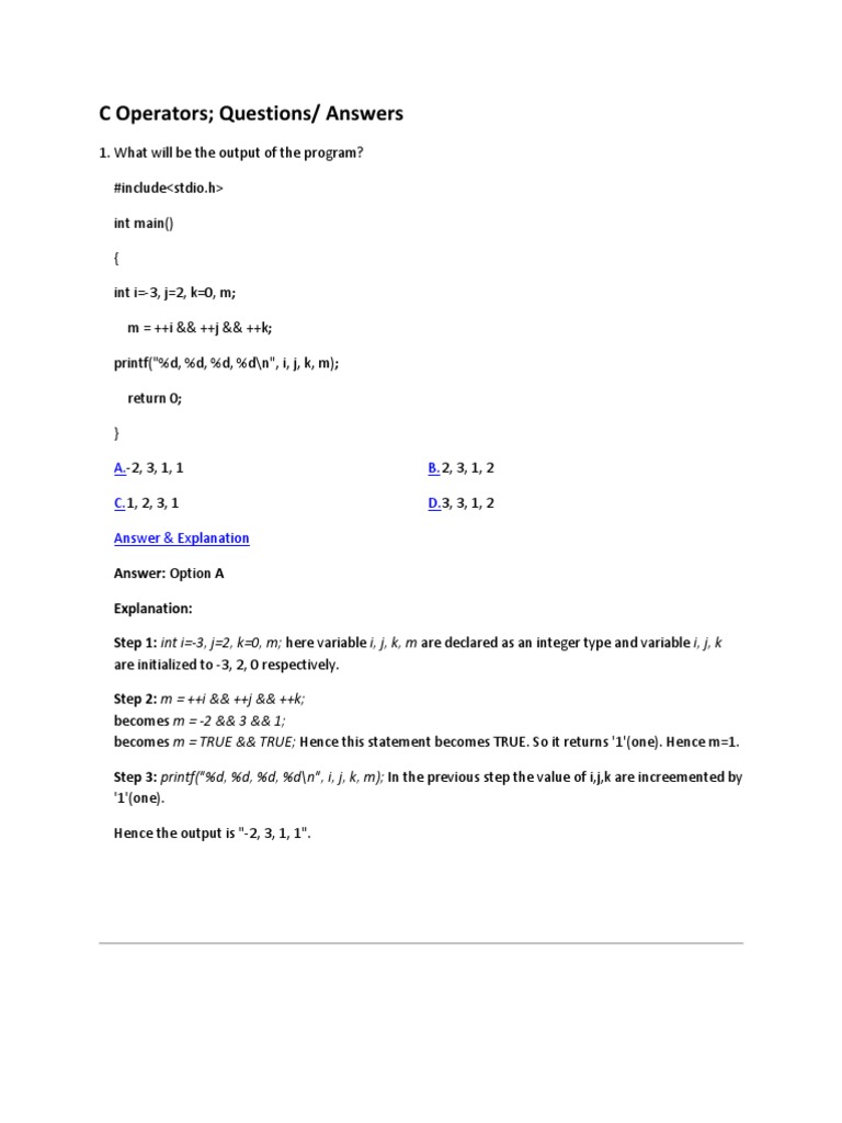 Operator Quiz Answers | PDF | Integer (Computer Science) | C ...