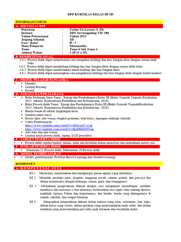 RPP Kelas 3 Fix | PDF