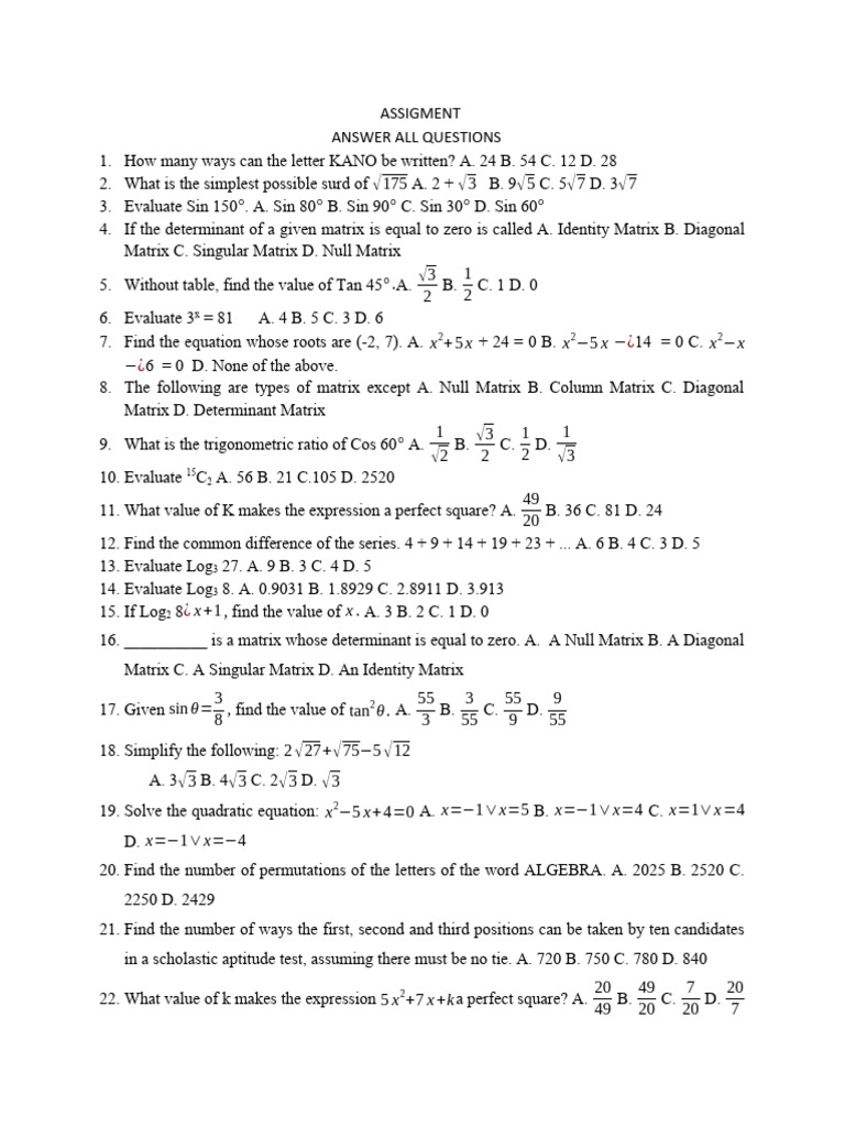 Assigment Eng | PDF | Matrix (Mathematics) | Determinant