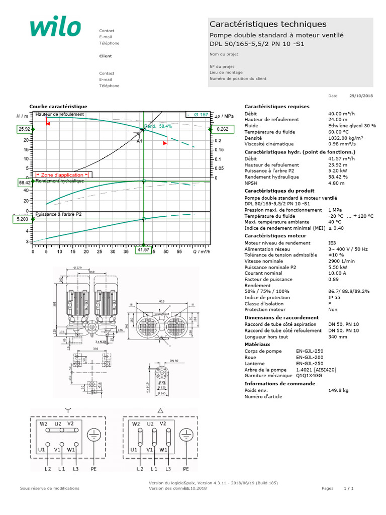 Caractéristiques Techniques: Pompe Double Standard À Moteur Ventilé DPL 50/165-5,5/2 PN 10 - S1 ...