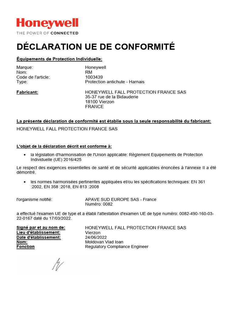 Déclaration Ue de Conformité: Équipements de Protection Individuelle | PDF