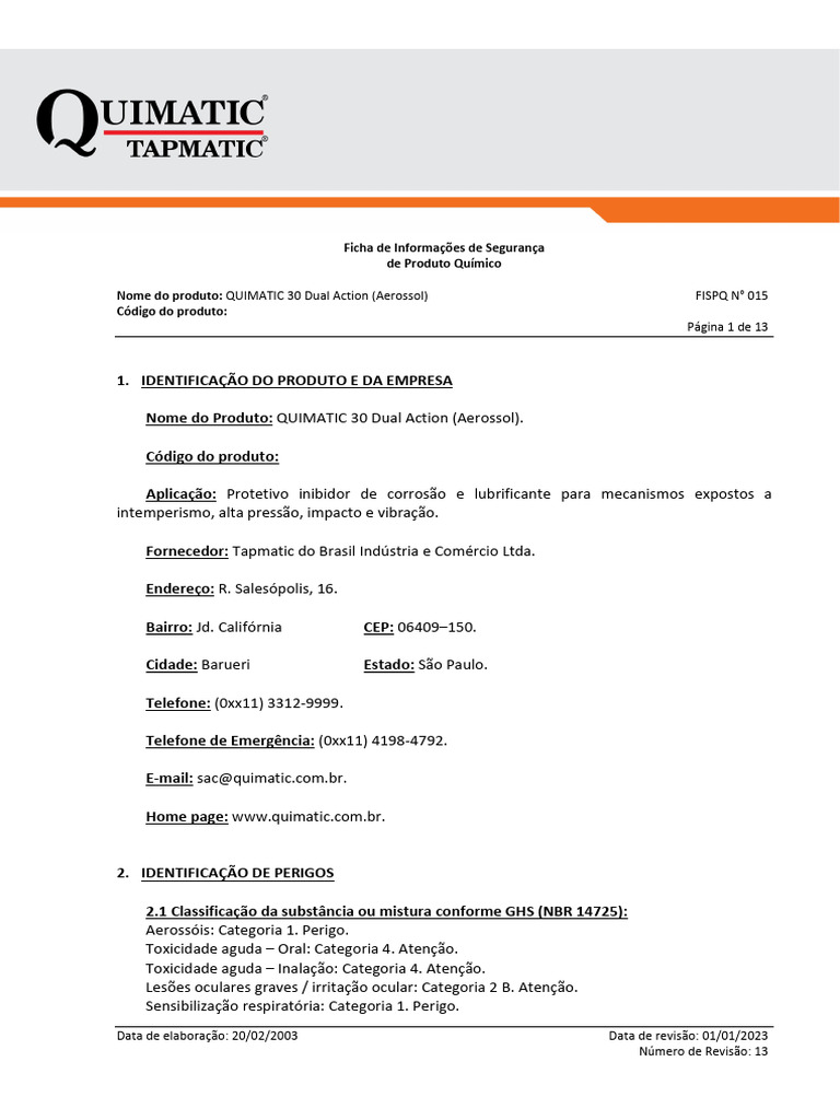 Microsoft Word - FISPQ Spray | Download grátis PDF | Dióxido de carbono ...