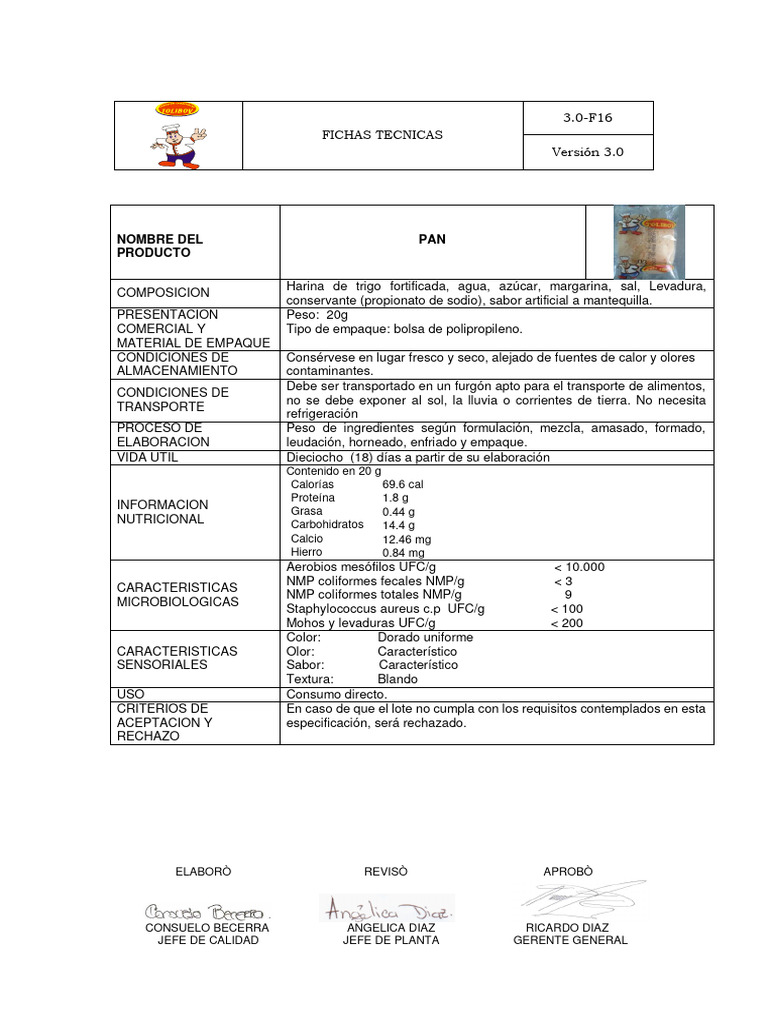Ficha Tecnica Pan 20 G | Descargar gratis PDF | Panes | Comida y bebida