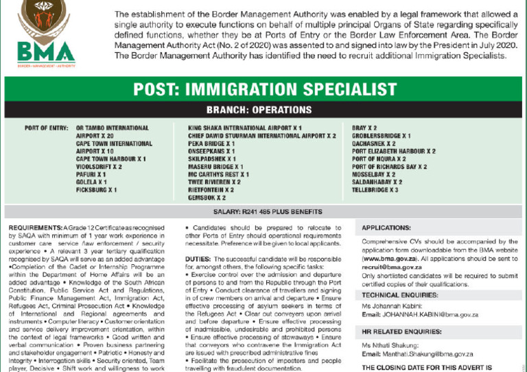 X68 Immigration Specialist Posts at The Border Management Authority Bma ...