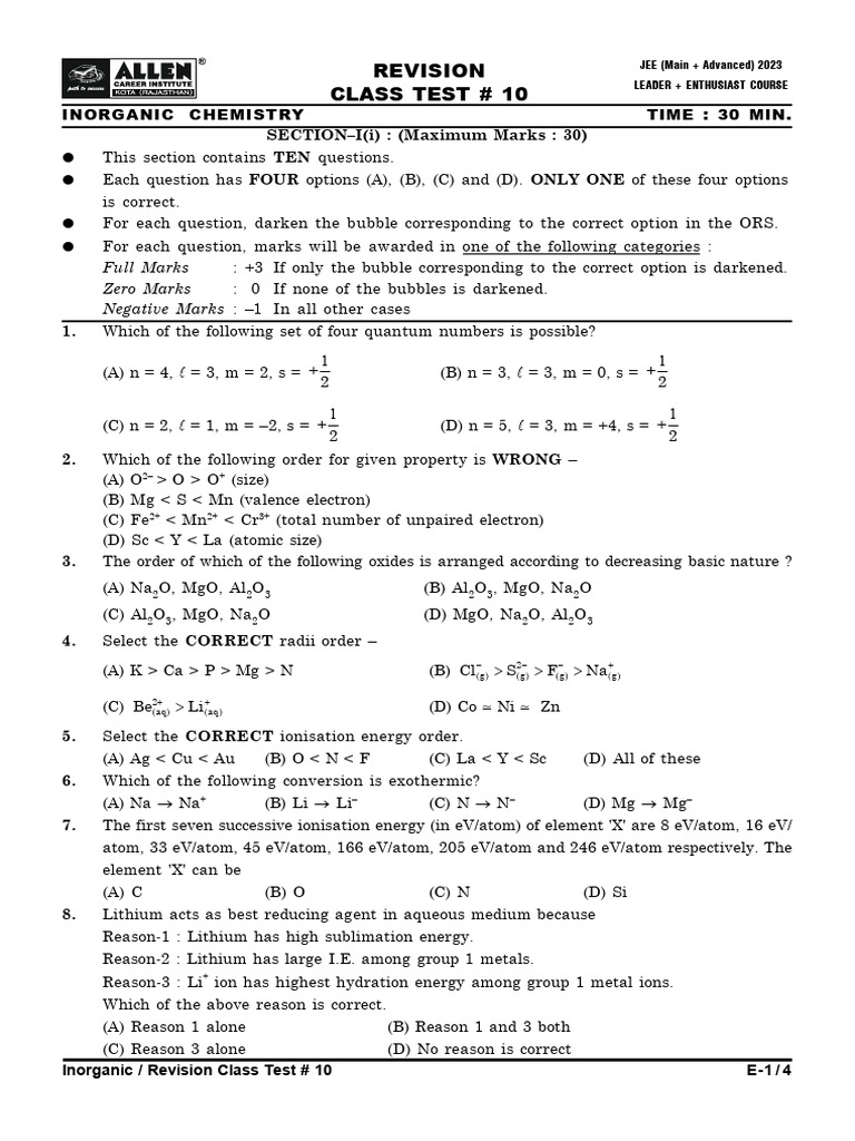 Revision Class Test # 10: Full Marks Zero Marks Negative Marks | PDF