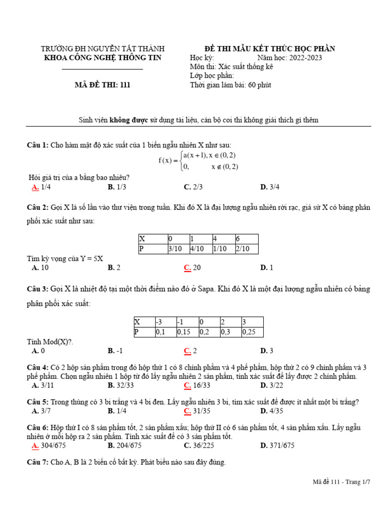 De Thi Mau Cuoi Ky XSTK Update | PDF