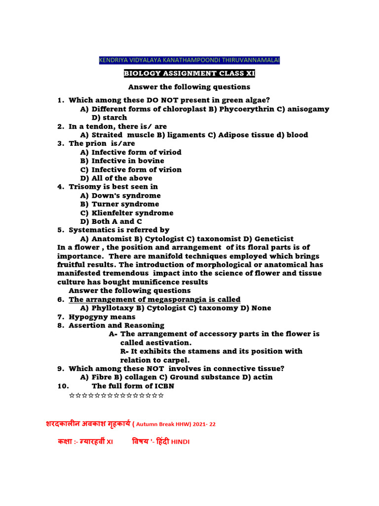 Class XI Biology Assignment Questions | PDF