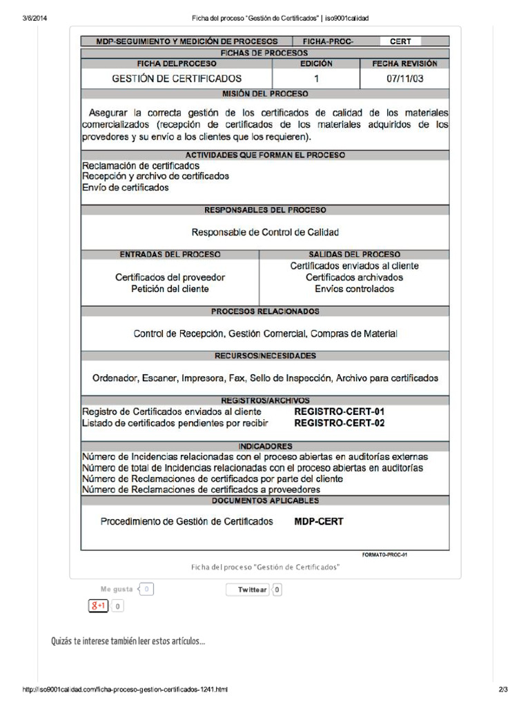 Ficha Del Proceso "Gesti... Cados" - Iso9001calidad | PDF
