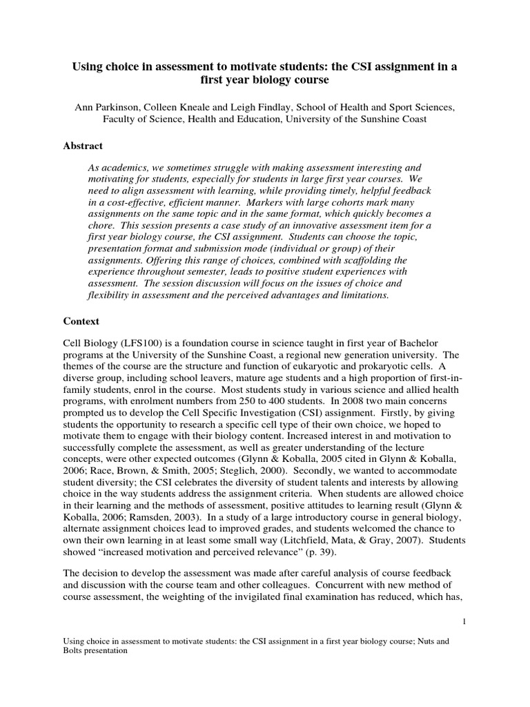 Using Choice in Assessment To Motivate Students: The CSI Assignment in A First Year Biology ...