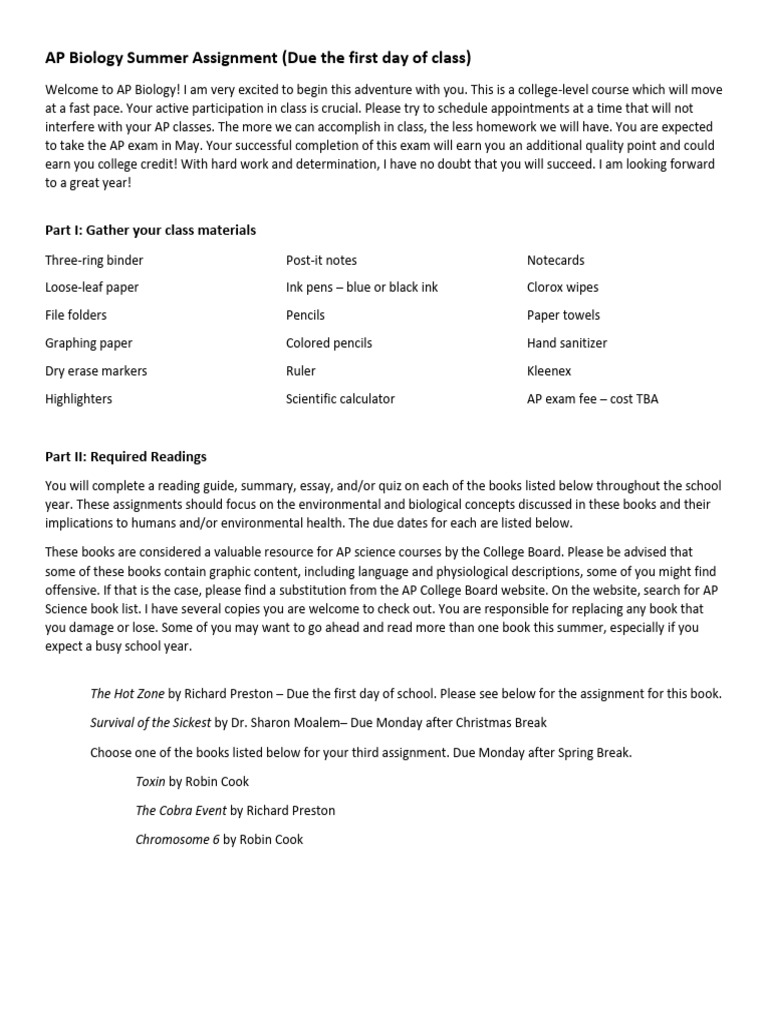 AP Biology Summer Assignment 2020 | PDF | Infection | Medicine