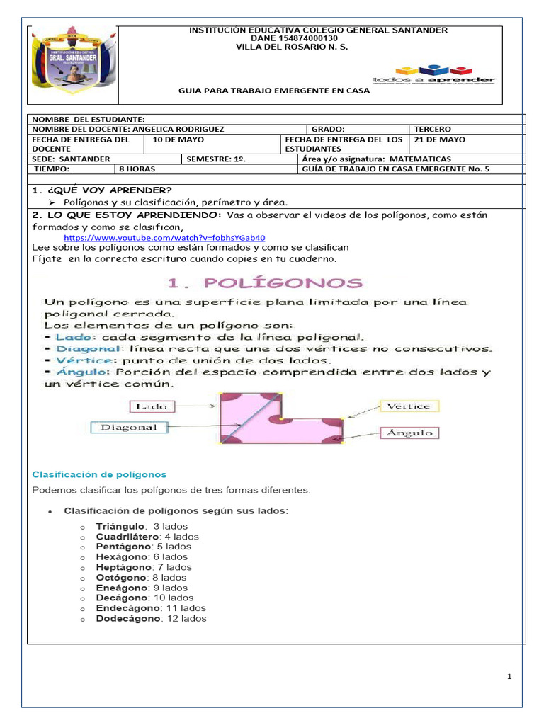 Guía - Taller de Matematicas Poligonos y Su Clasificacion, Area y Perimetro | PDF | Formas ...