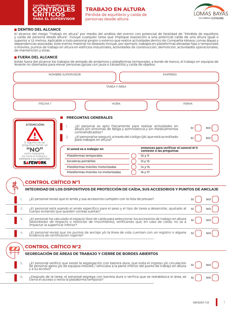 Cartilla de Verificación Supervisor Trabajo en Altura V 1.0 | PDF