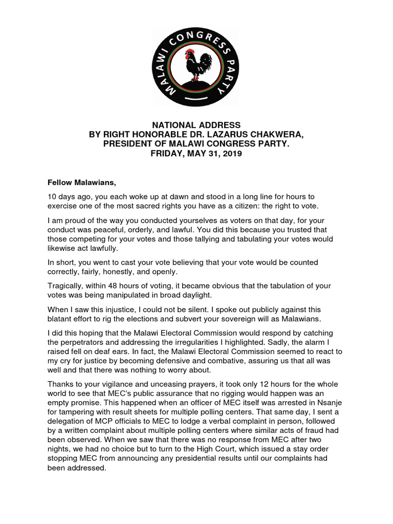 National Address by LC | PDF | Malawi | Justice