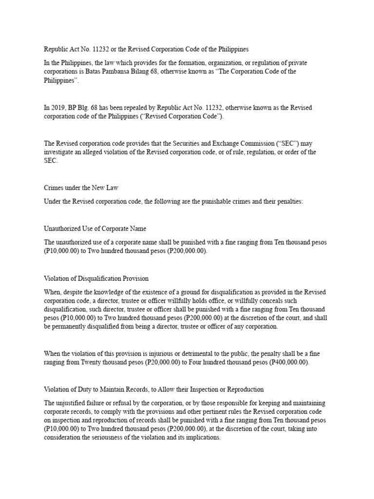 Corporation Law Notes-Crimes Under The New Corporation Code | PDF | Law