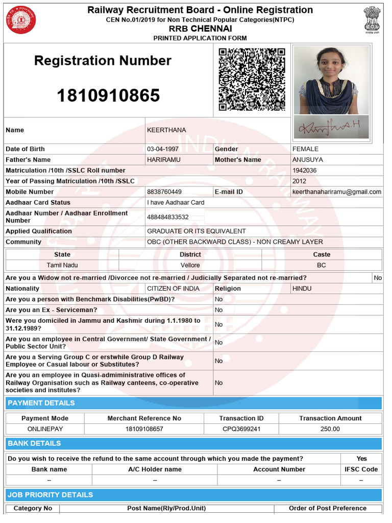 RRB Chennai NTPC Online Registration Form | PDF