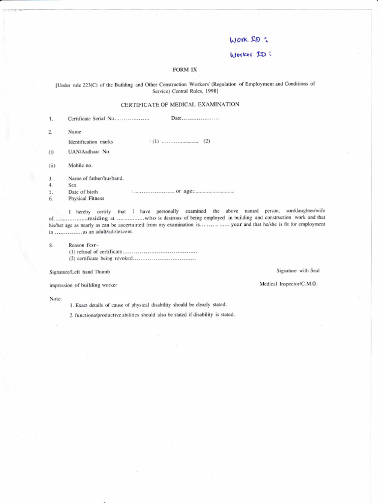 FORM - 9 For Medical Certificate | PDF
